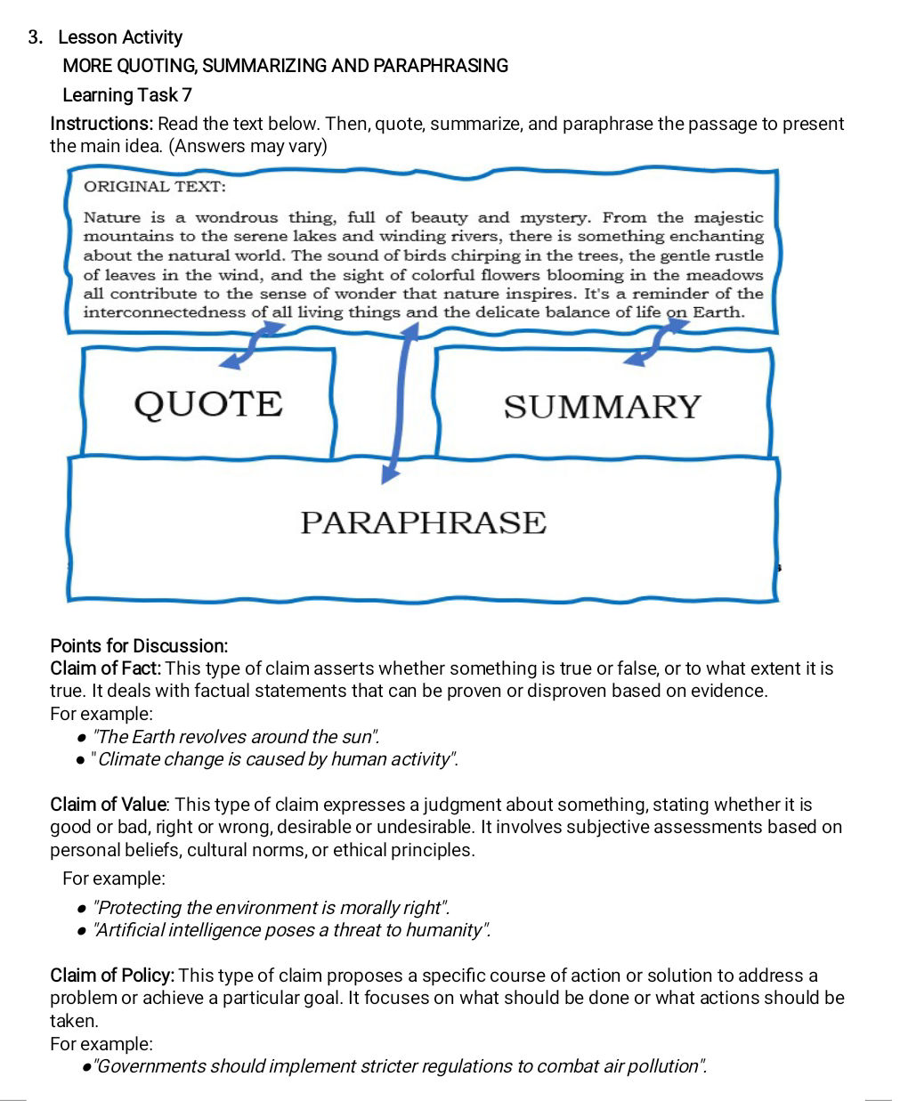 3. Lesson Activity MORE QUOTING, SUMMARIZING | StudyX