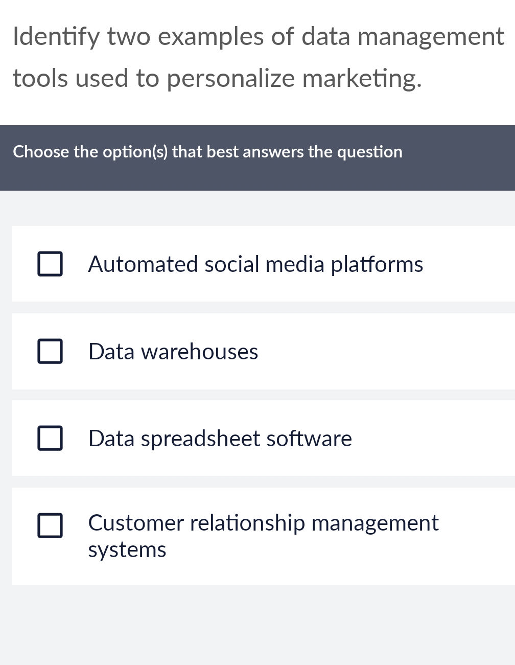 Identify two examples of data management | StudyX
