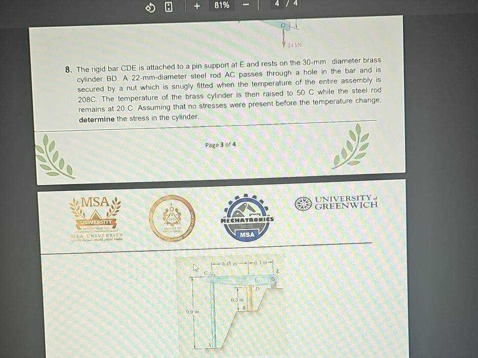 8. The rigid bar CDE is attached to a pin | StudyX