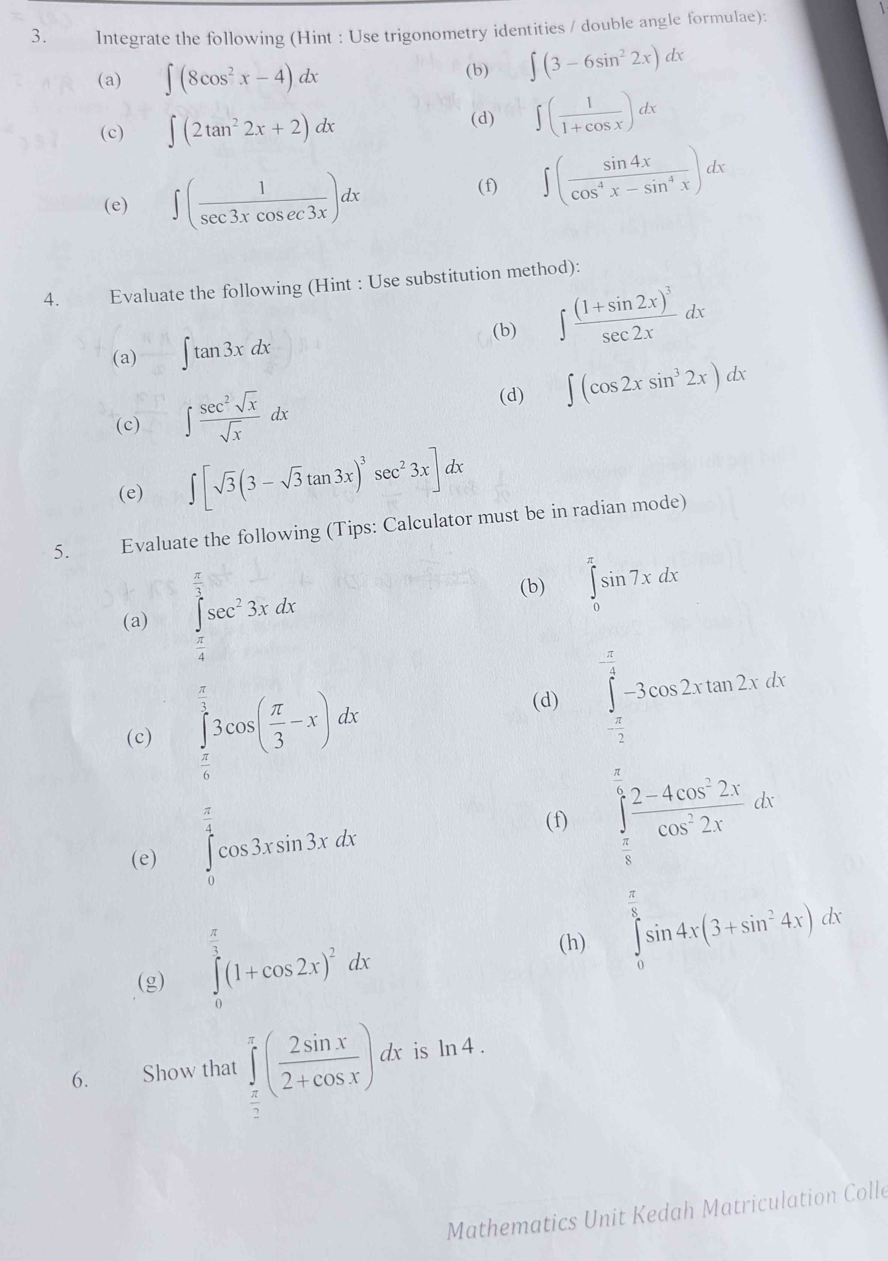 3. Integrate the following (Hint: Use | StudyX