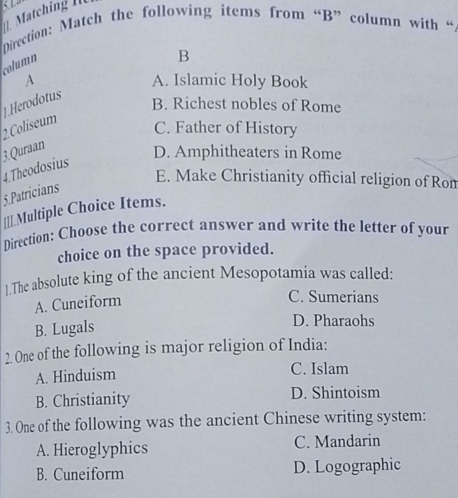 II. Matching Direction: Match the following | StudyX