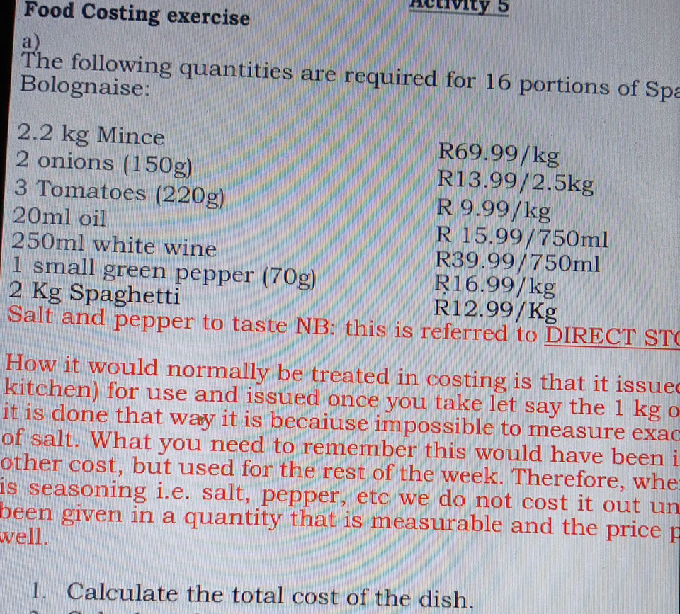 Food Costing exercise a) The following | StudyX