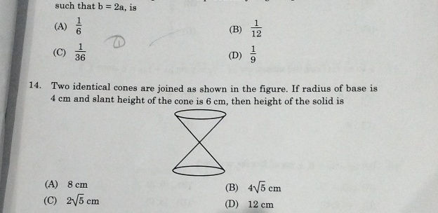 Two identical cones are joined as shown in