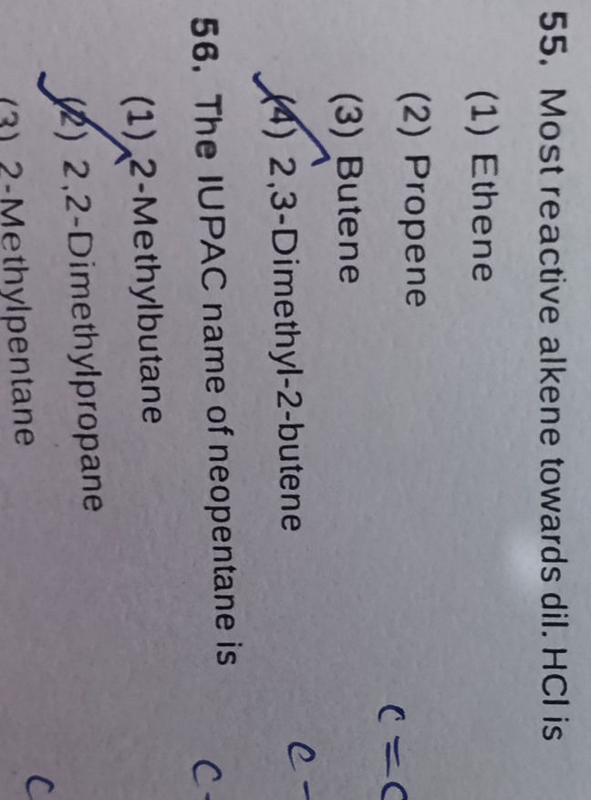 55. Most reactive alkene towards dil. HCl is | StudyX