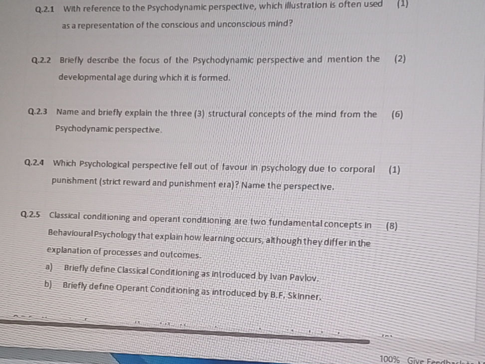 Q.2.1 With reference to the Psychodynamic