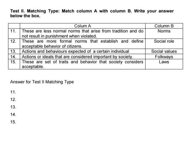 Test II. Matching Type: Match column A with | StudyX