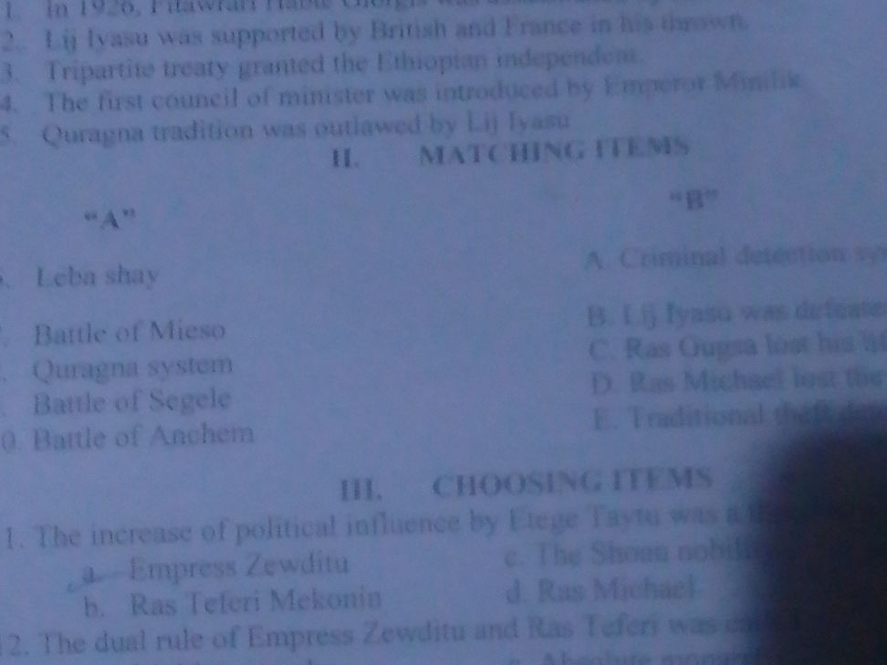 II. MATCHING ITEMS "A" 6. Leba shay 7. | StudyX