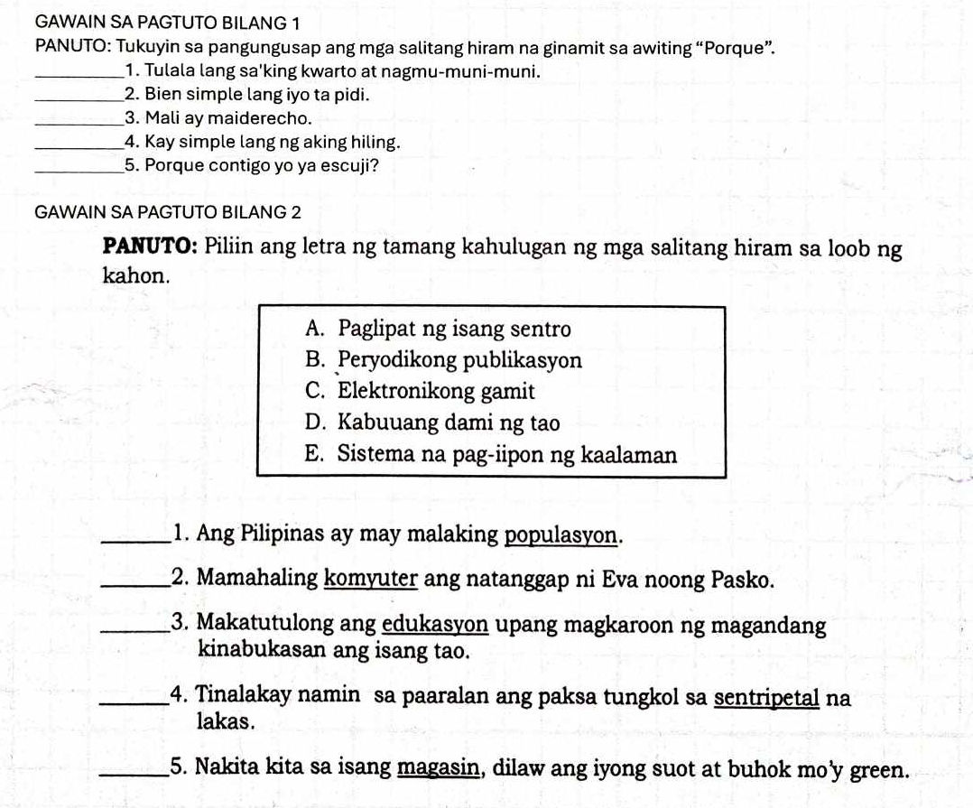 GAWAIN SA PAGTUTO BILANG 1 PANUTO: Tukuyin | StudyX