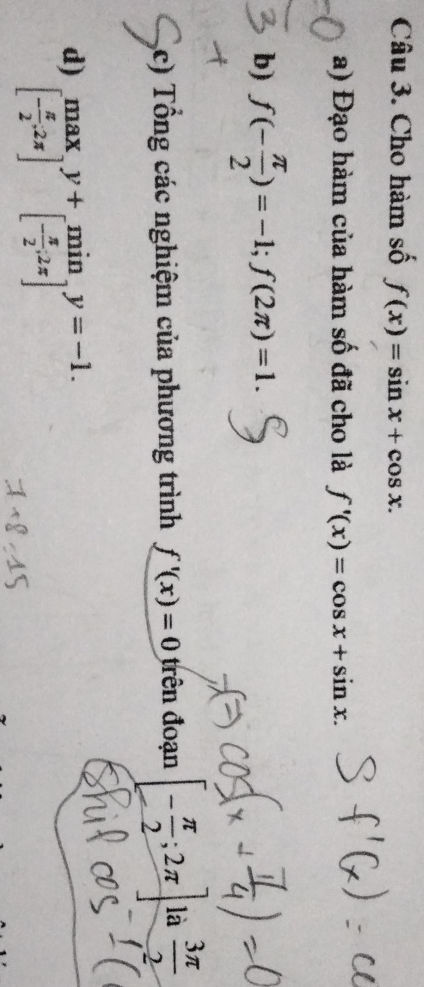 Câu 3. Cho hàm số $f(x) = sinx + cos x$. a) | StudyX