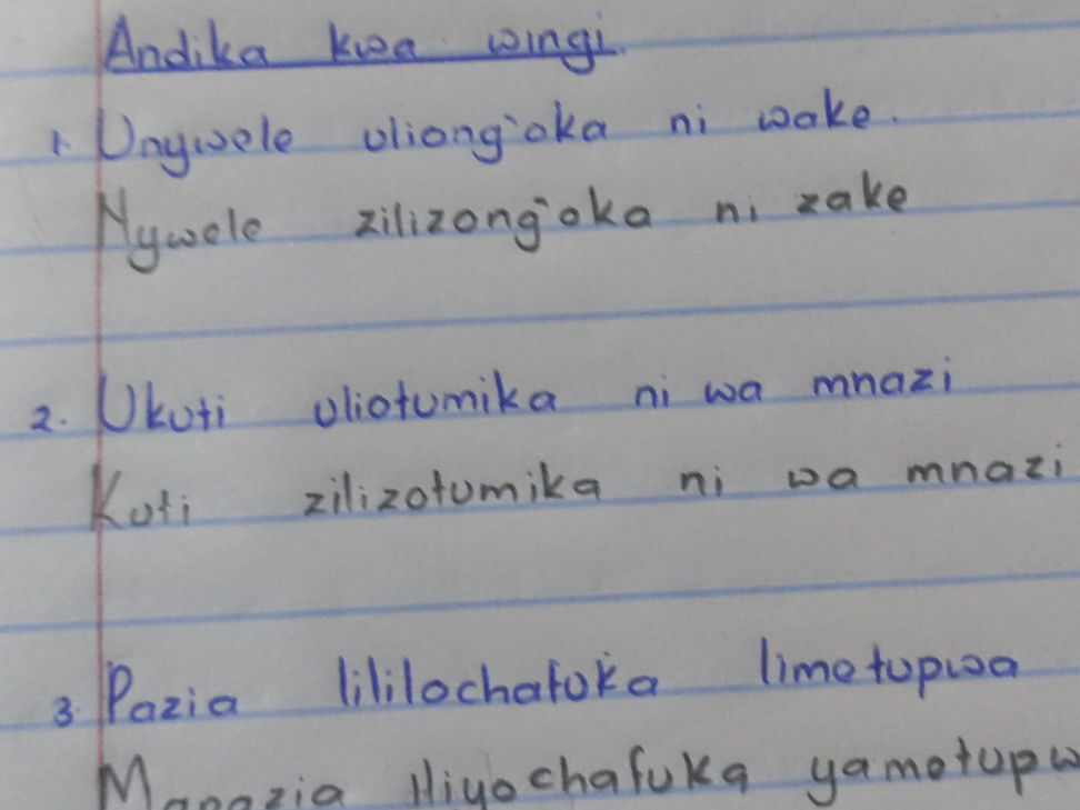 Andika kwa wingi. 1. Unywele uliong'oka ni | StudyX