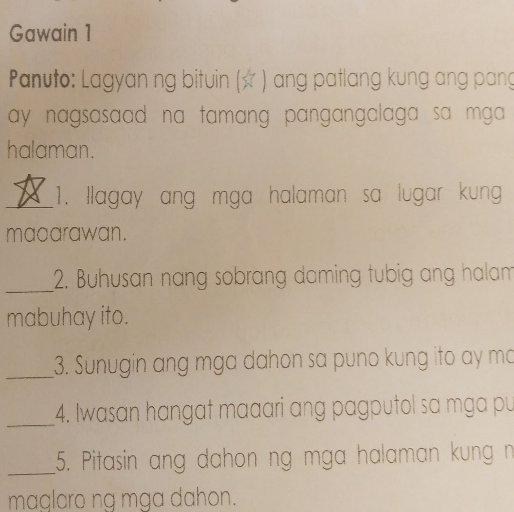 Gawain 1 Panuto: Lagyan ng bituin (☆) ang | StudyX