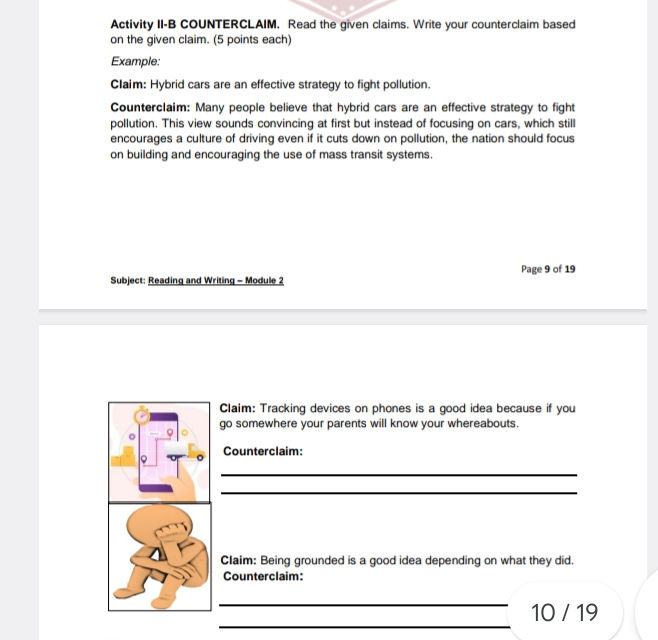 Activity II-B COUNTERCLAIM. Read the given | StudyX