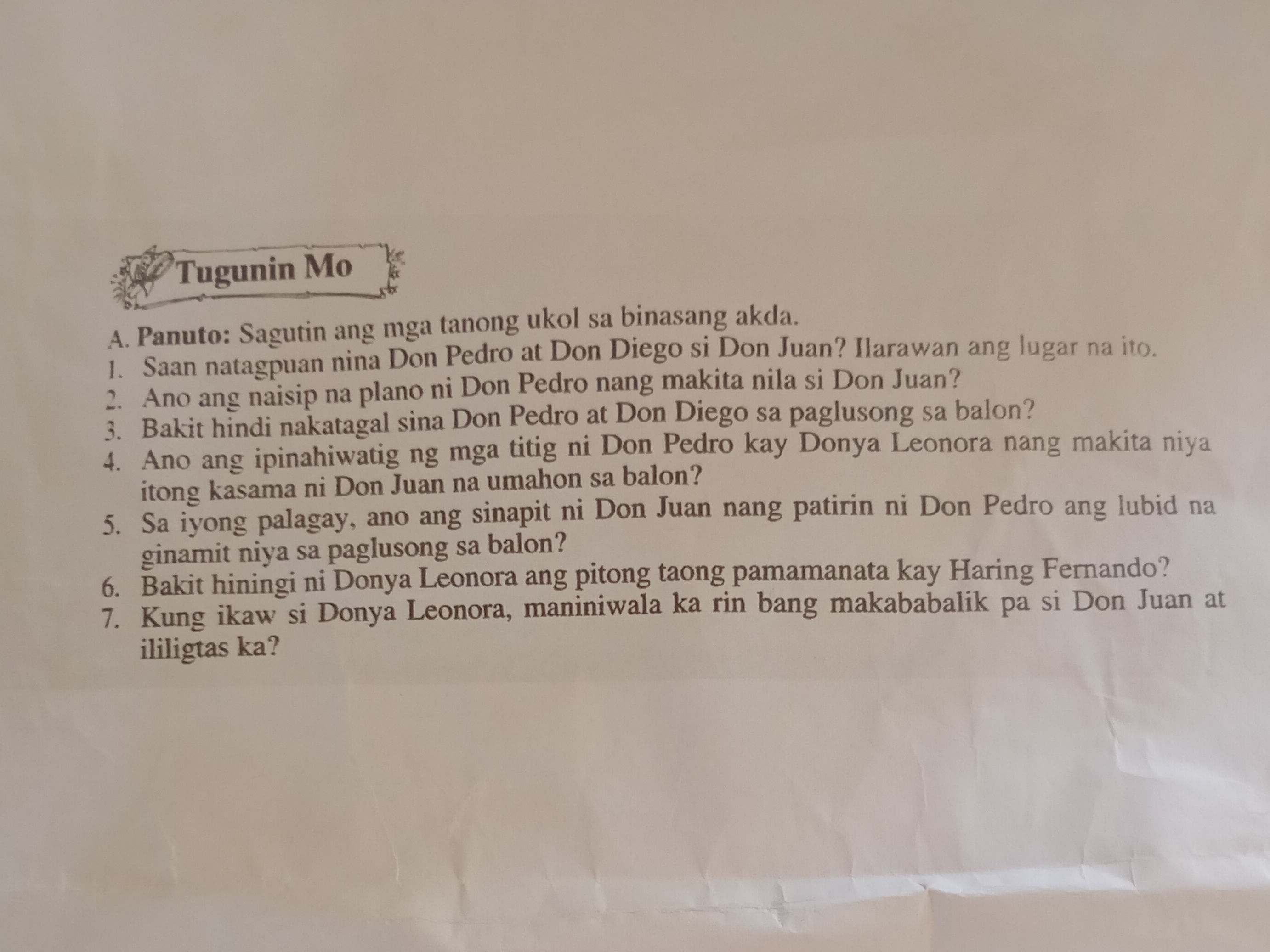 A. Panuto: Sagutin ang mga tanong ukol sa | StudyX