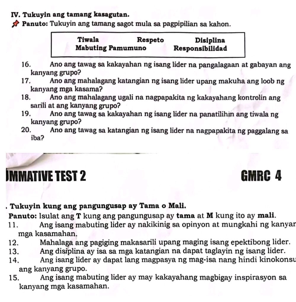 IV. Tukuyin ang tamang kasagutan. Panuto: | StudyX