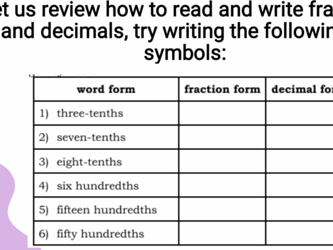 Write the following in fraction and decimal | StudyX