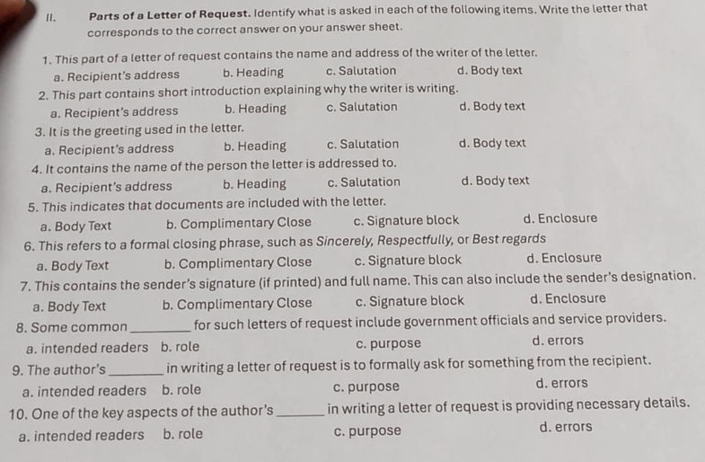 II. Parts of a Letter of Request. Identify | StudyX