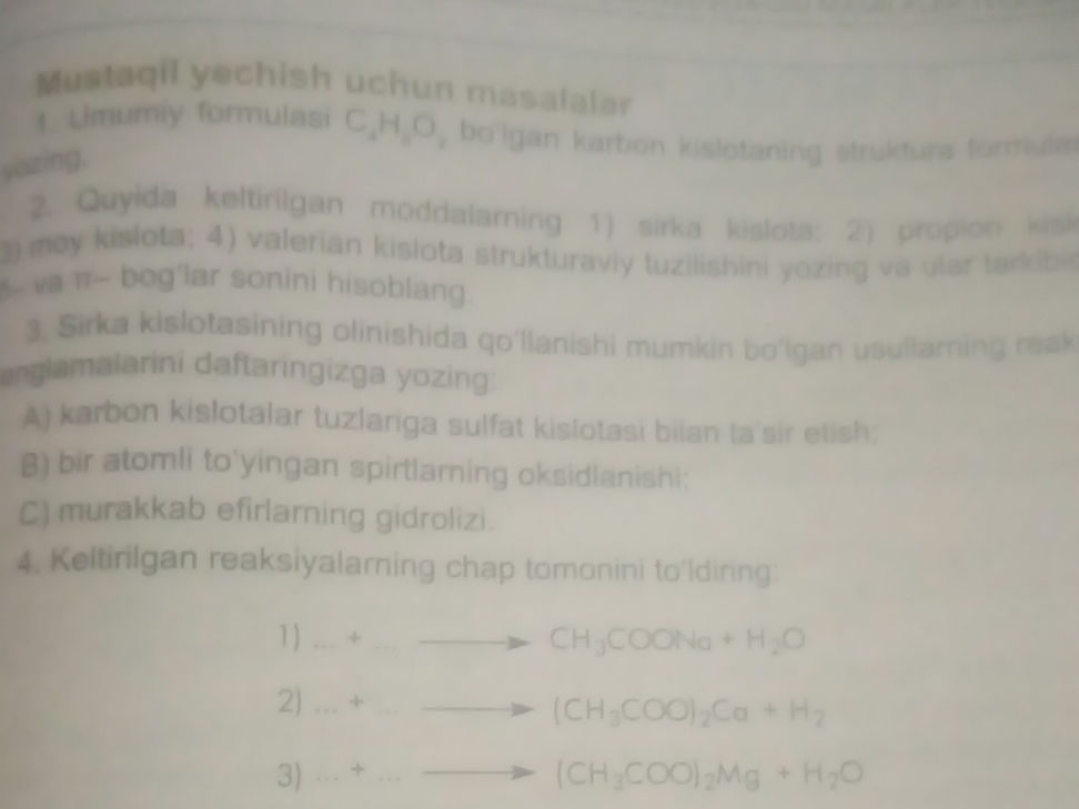 1. Umumiy formulasi $C_nH_{2n}O_2$ bo'lgan | StudyX