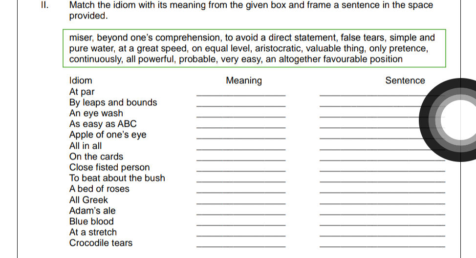 II. Match the idiom with its meaning from | StudyX