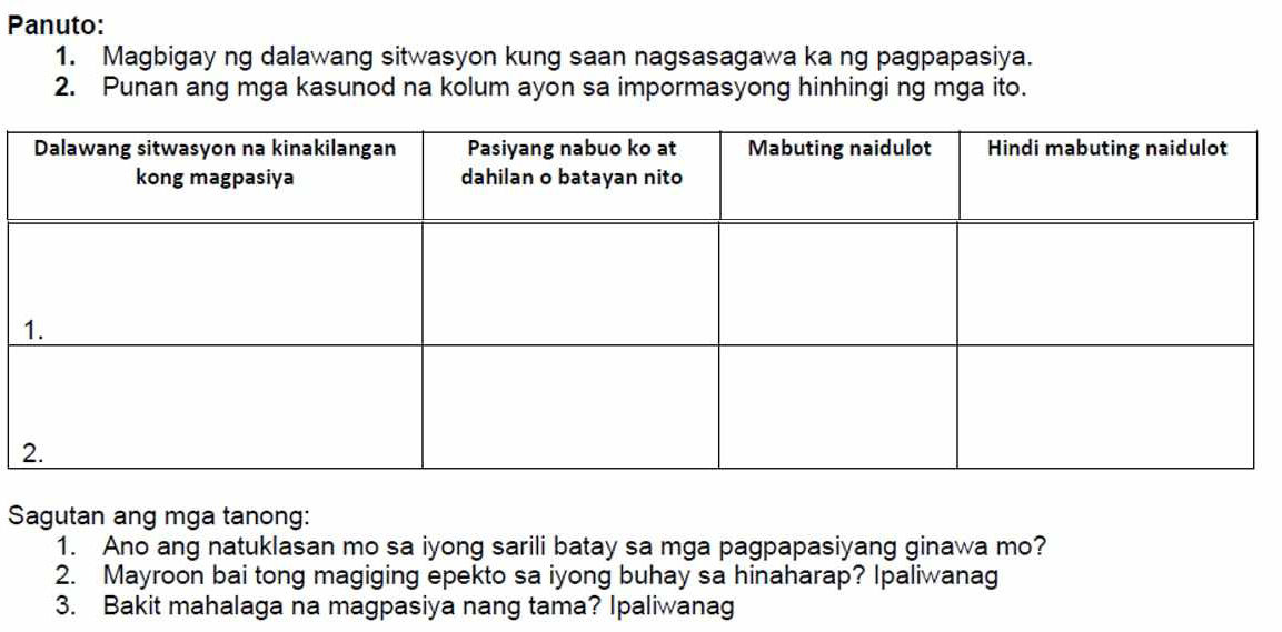 Panuto: 1. Magbigay ng dalawang sitwasyon | StudyX
