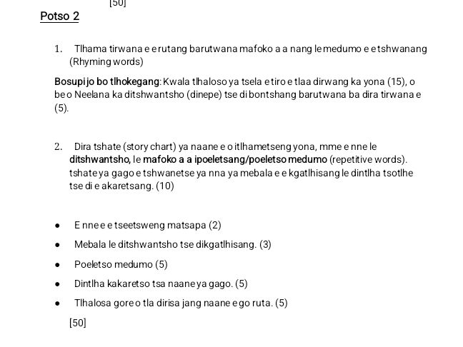 Potso 2 1. Tlhama tirwana e erutang | StudyX