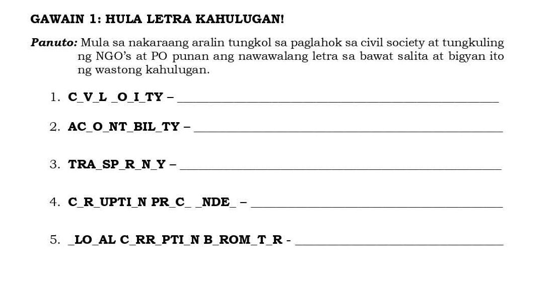 GAWAIN 1: HULA LETRA KAHULUGAN! Panuto: | StudyX