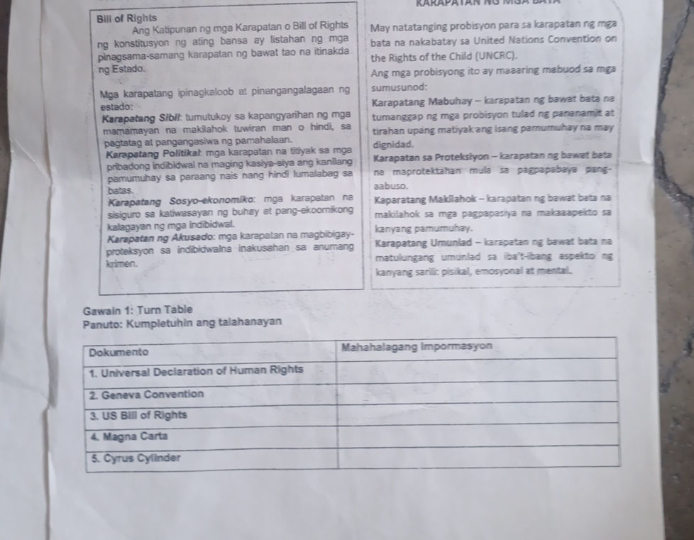 Gawain 1: Turn Table Panuto: Kumpletuhin ang | StudyX