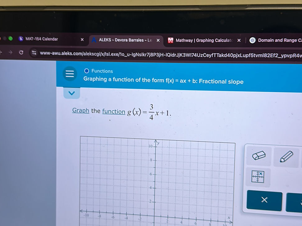 Graph the function $g(x) = {3}{4}x + 1$. | StudyX