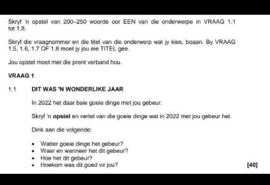 Skryf 'n opstel van 200-250 woorde oor EEN | StudyX