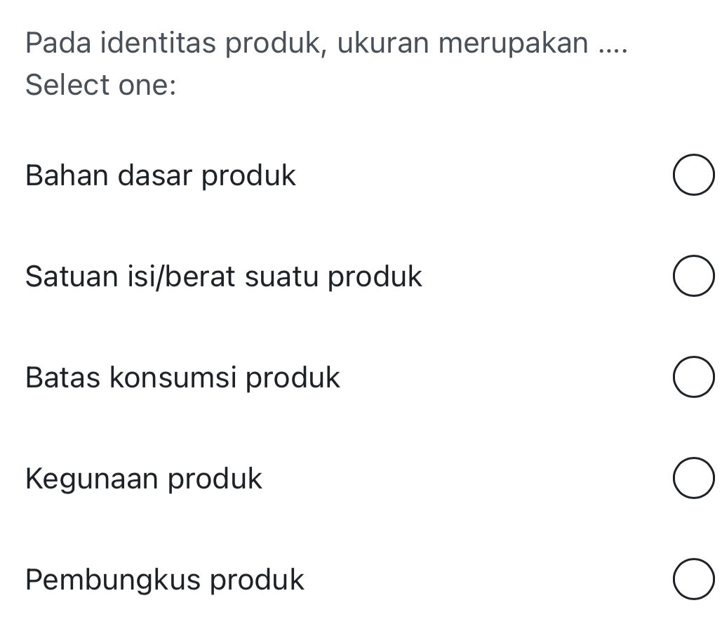 Pada identitas produk, ukuran merupakan .... | StudyX