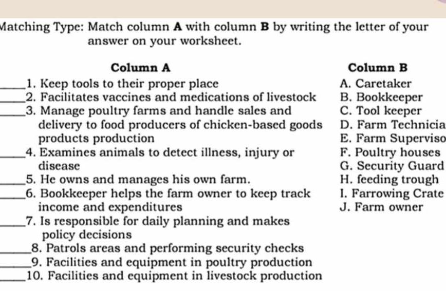 Matching Type: Match column A with column B | StudyX