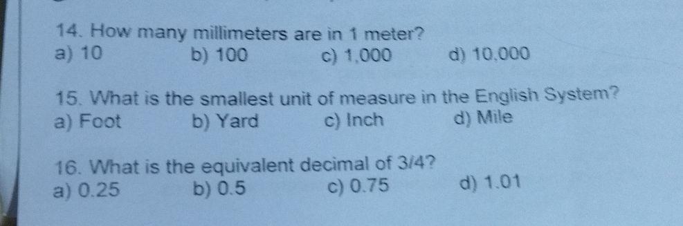 14. How many millimeters are in 1 meter? a) | StudyX
