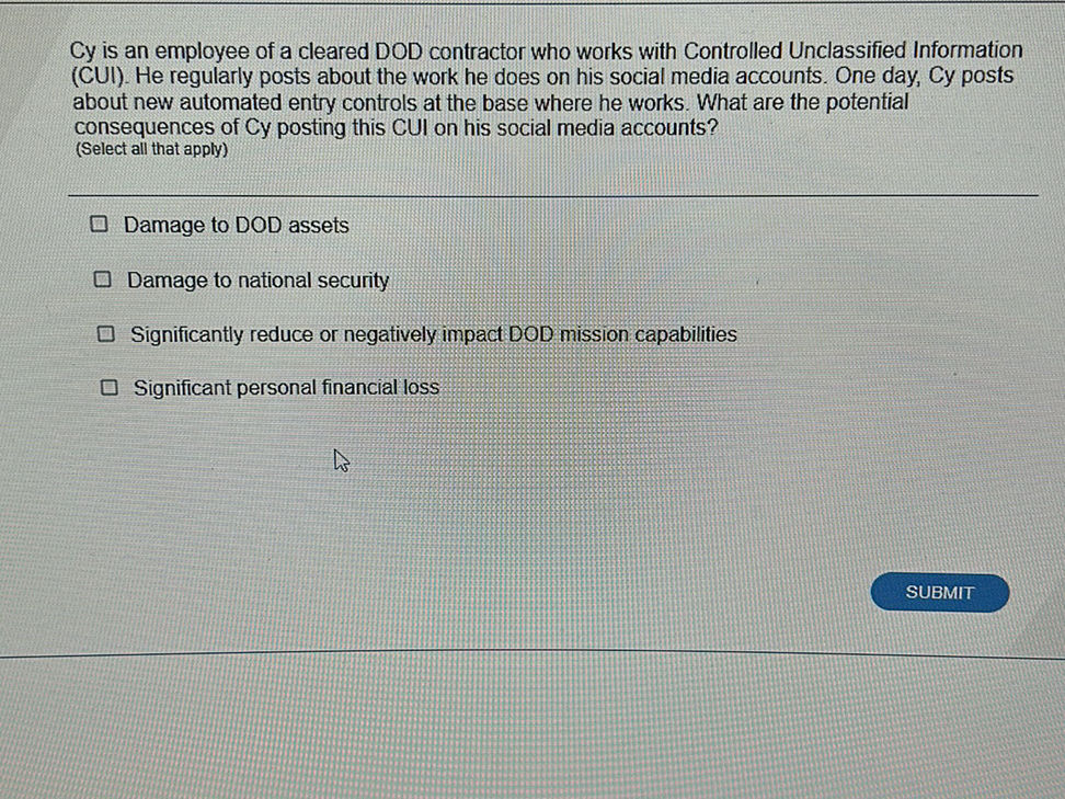 Cy is an employee of a cleared DOD | StudyX