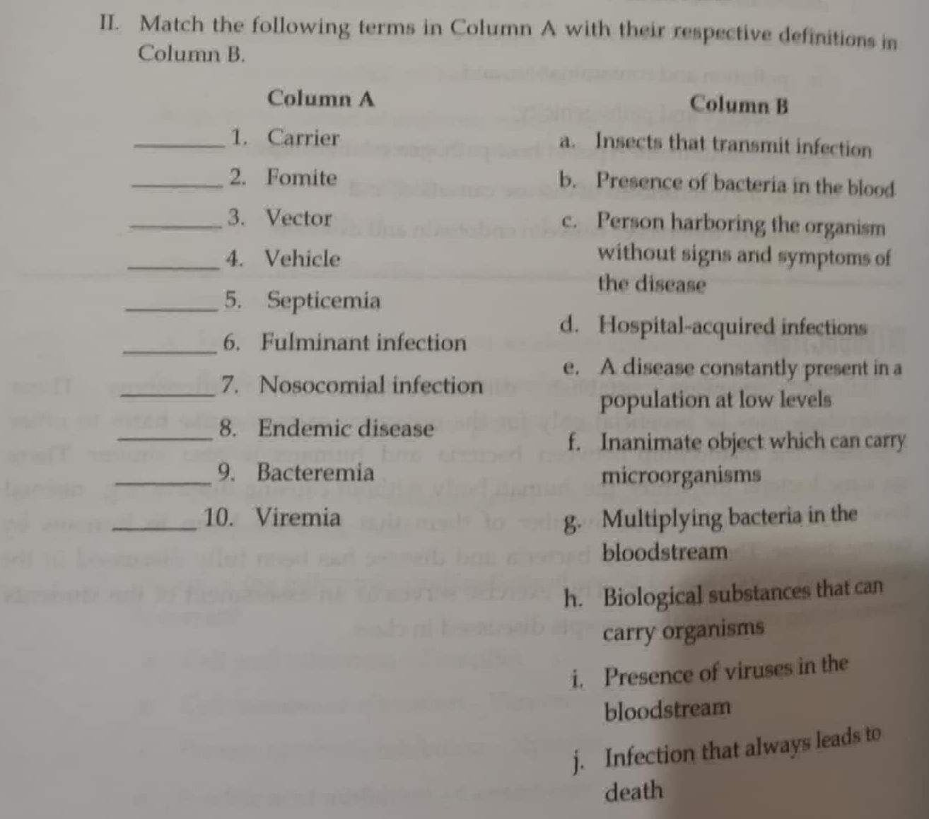 II. Match the following terms in Column A | StudyX