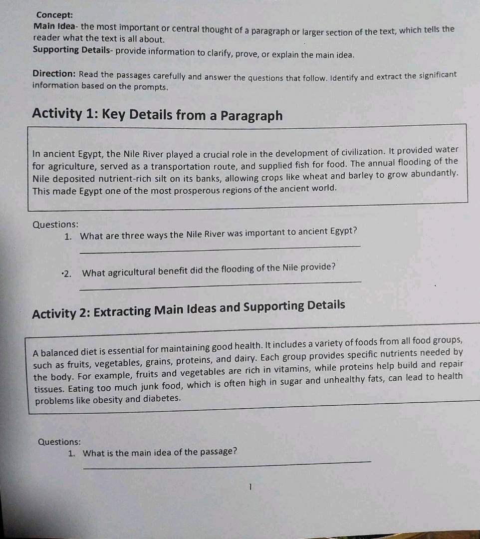Activity 1: Key Details from a Paragraph In | StudyX