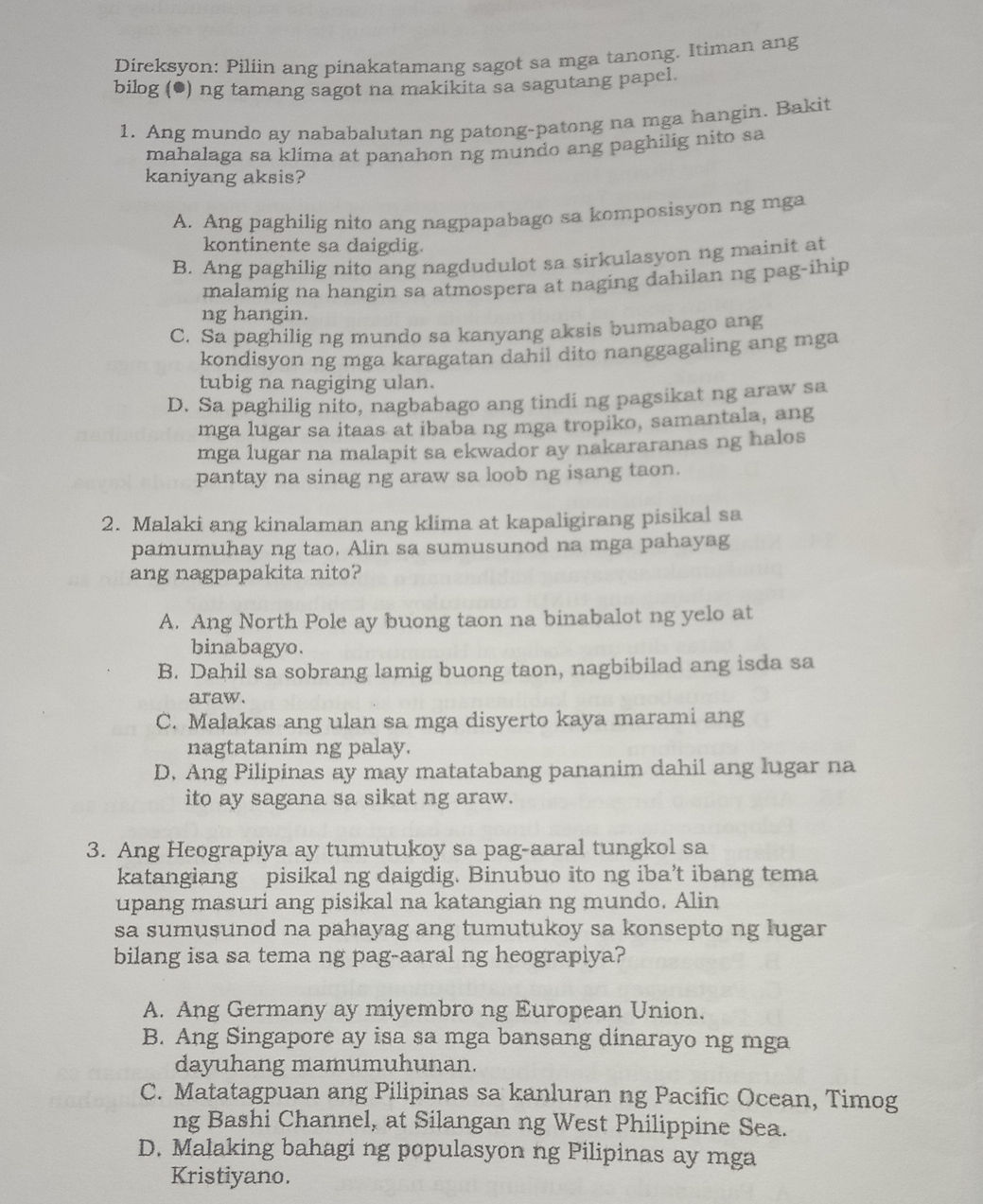 Direksyon: Piliin ang pinakatamang sagot sa | StudyX