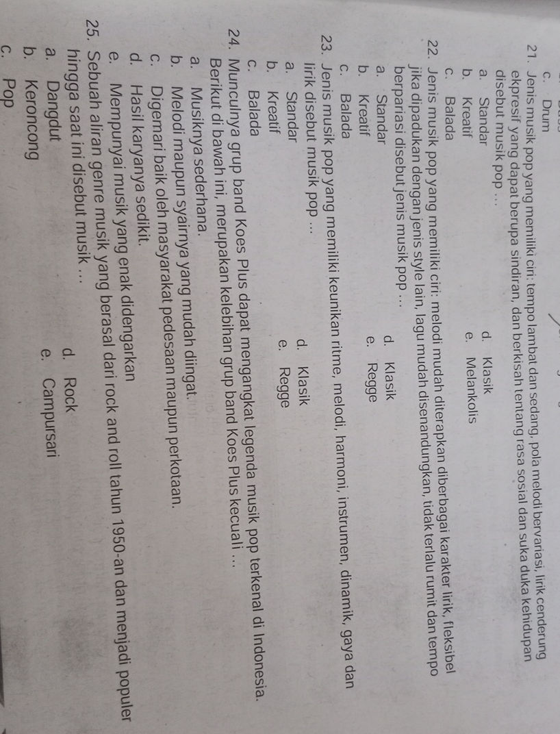 21. Jenis musik pop yang memiliki ciri: | StudyX