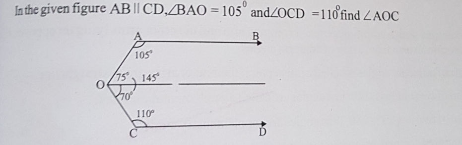 In the given figure AB || CD, ∠BAO = 105° | StudyX