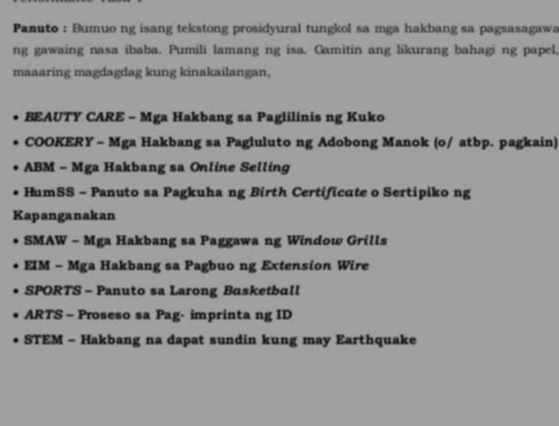 Panuto: Bumuo ng isang tekstong prosidyural | StudyX