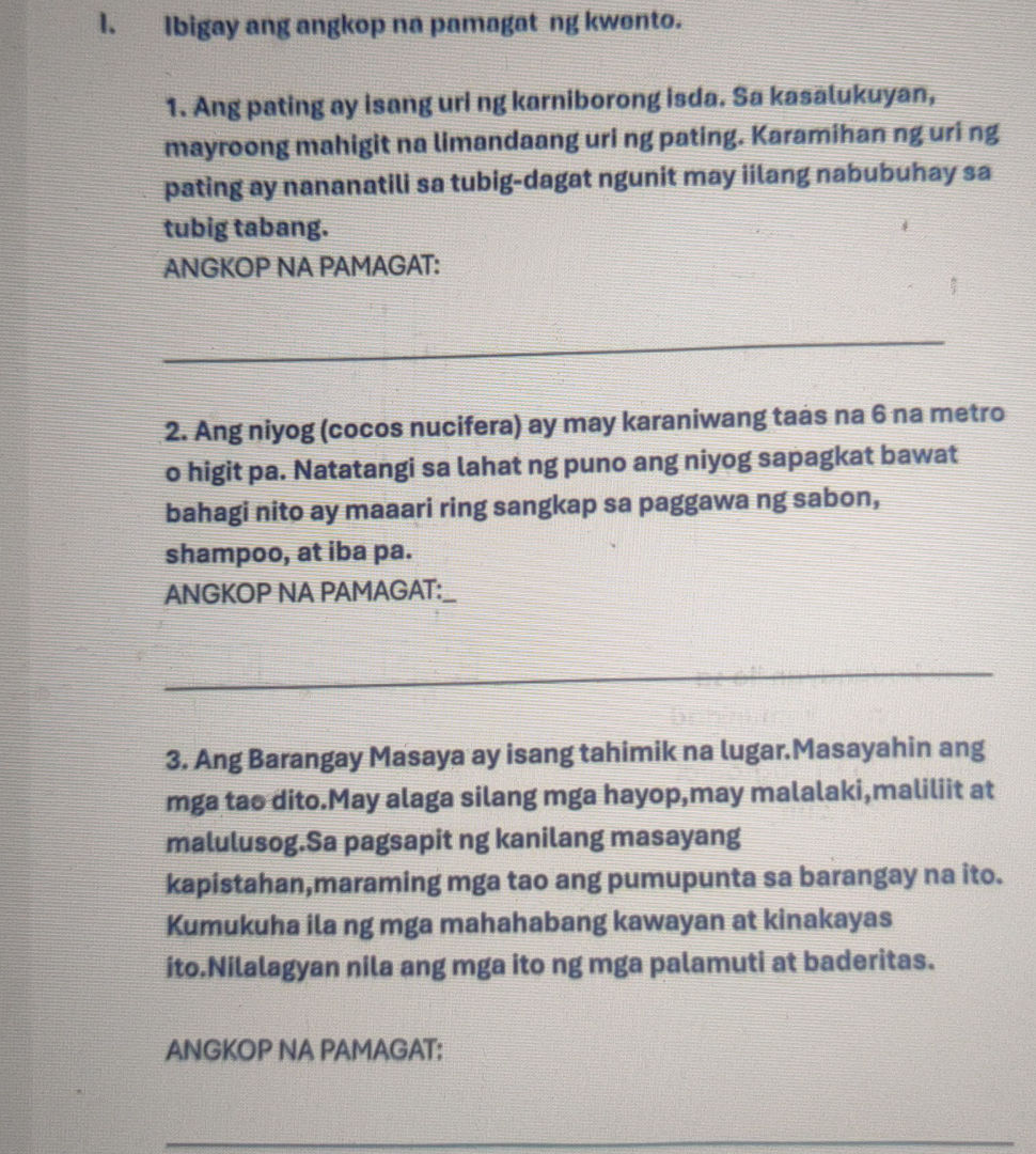 1. Ibigay ang angkop na pamagat ng kwento. | StudyX