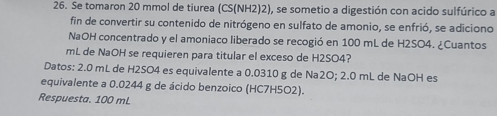 26. Se tomaron 20 mmol de tiurea (CS(NH2)2), | StudyX