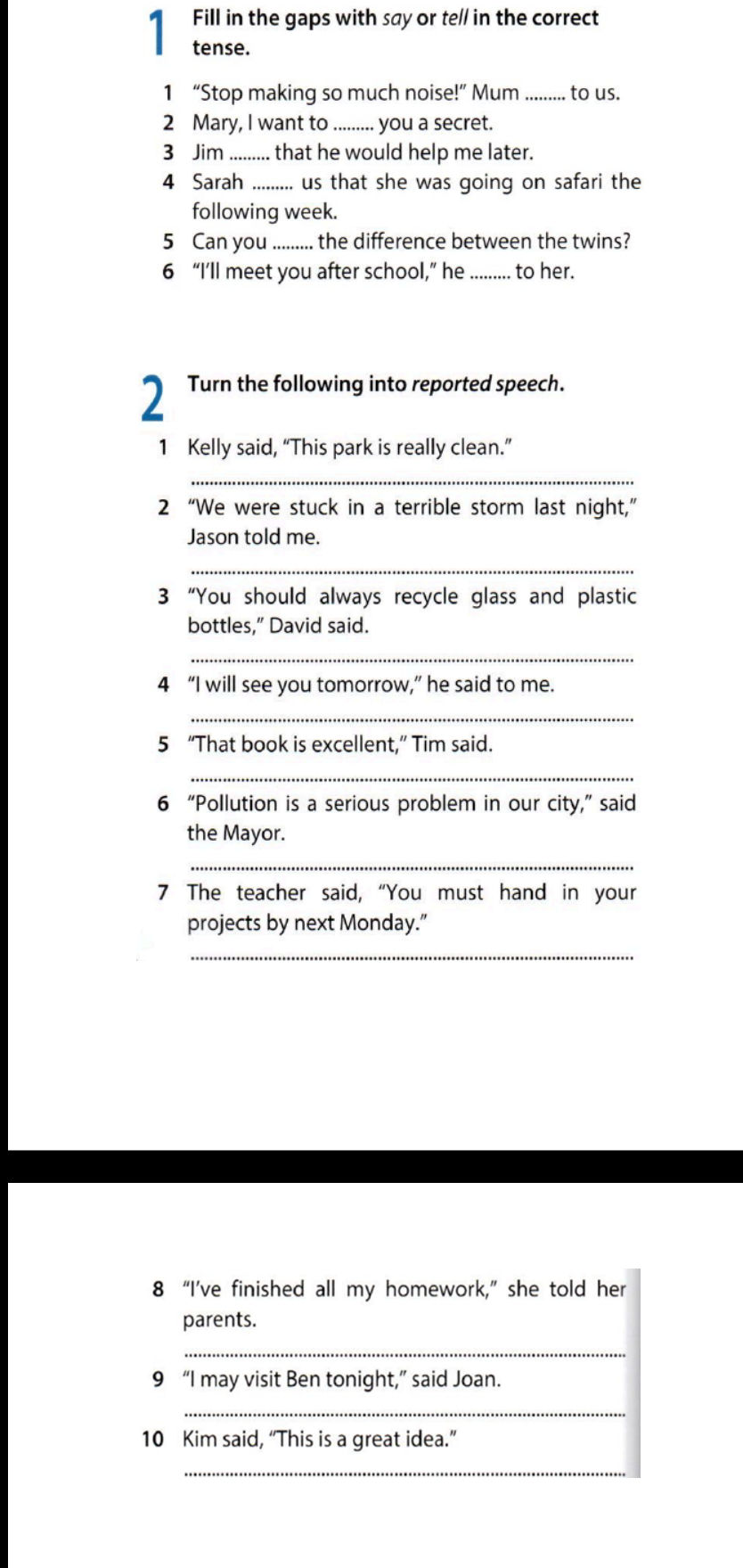1 Fill in the gaps with say or tell in the | StudyX