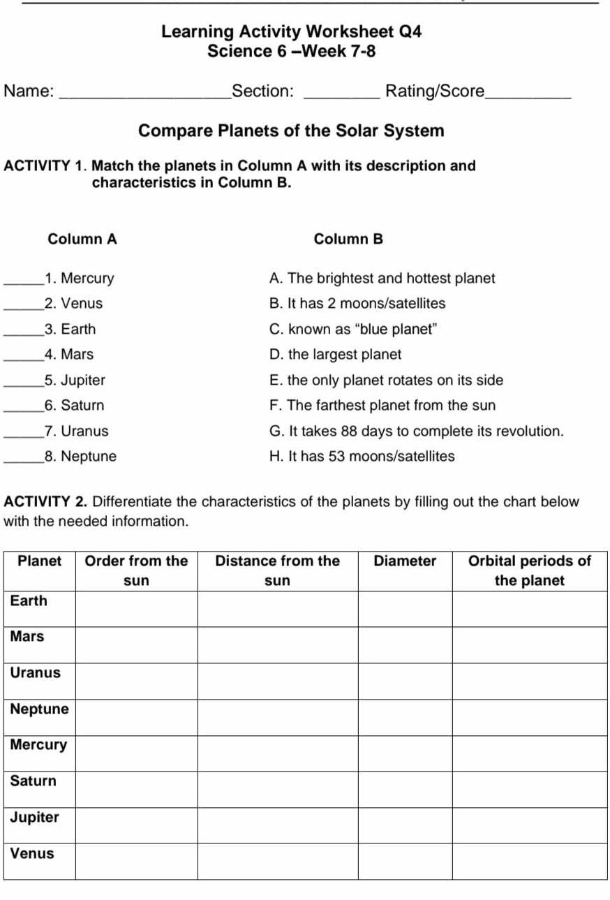 ACTIVITY 1. Match the planets in Column A | StudyX