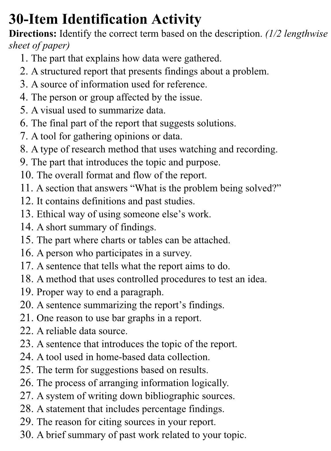 30-Item Identification Activity Directions: | StudyX