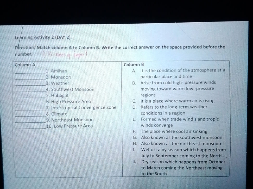 Learning Activity 2 (DAY 2) Direction: Match | StudyX