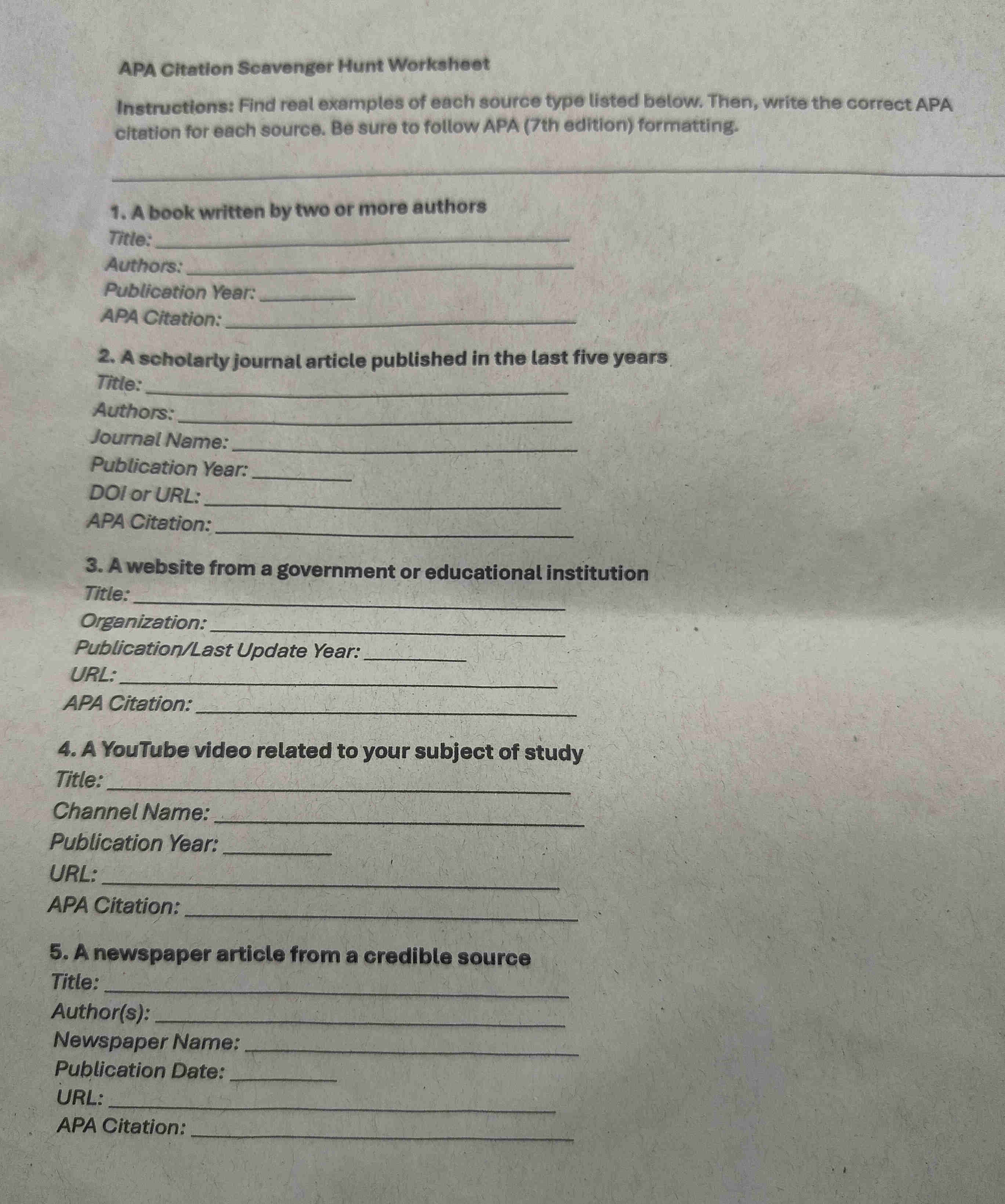 APA Citation Scavenger Hunt Worksheet | StudyX