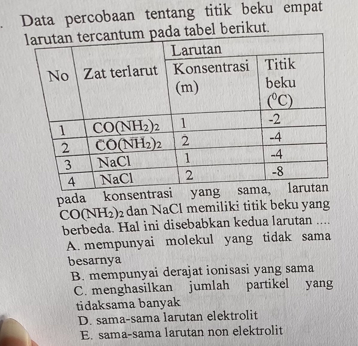 Data percobaan tentang titik beku empat | StudyX
