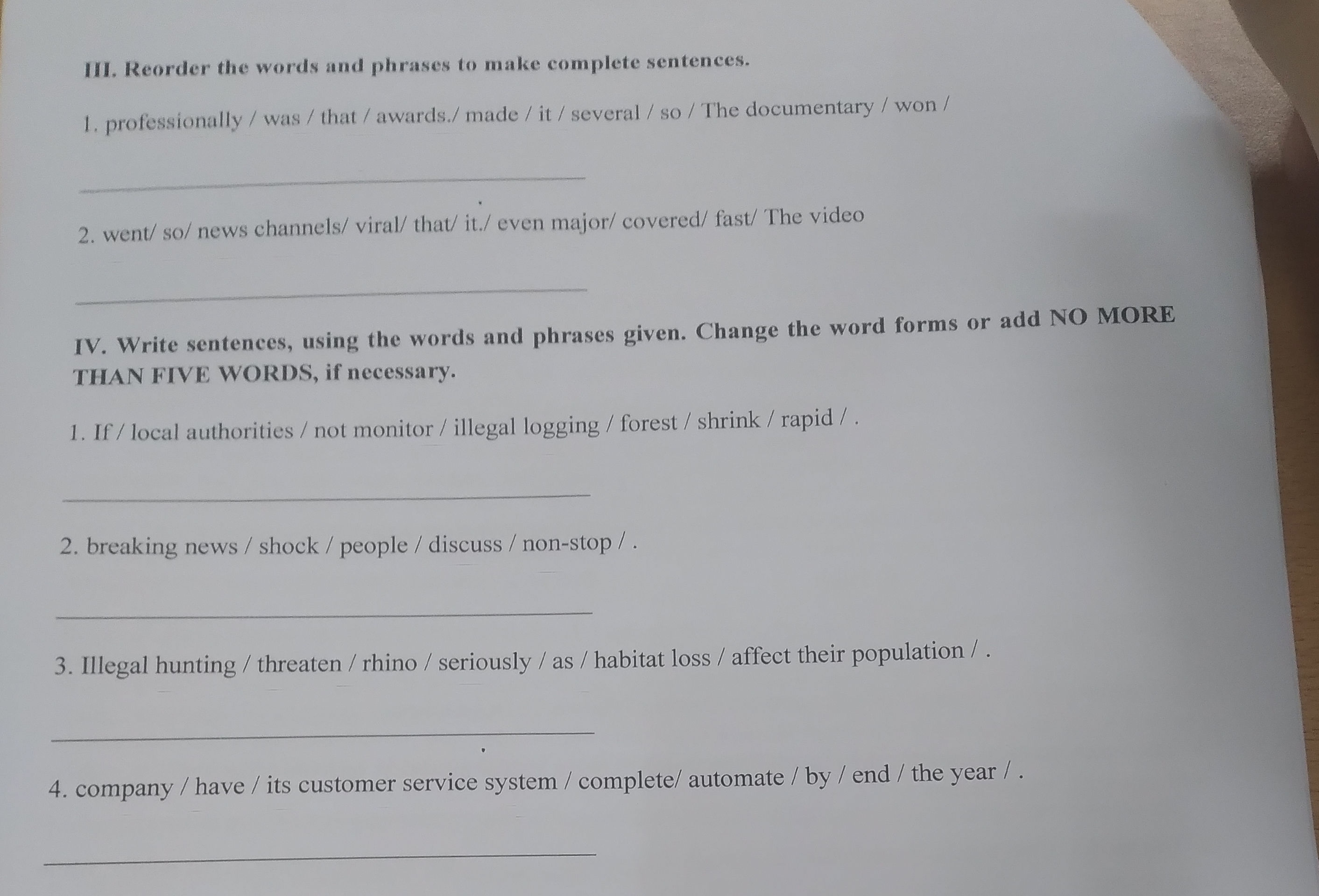 III. Reorder the words and phrases to make | StudyX