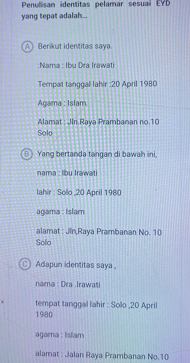 Penulisan identitas pelamar sesuai EYD yang | StudyX