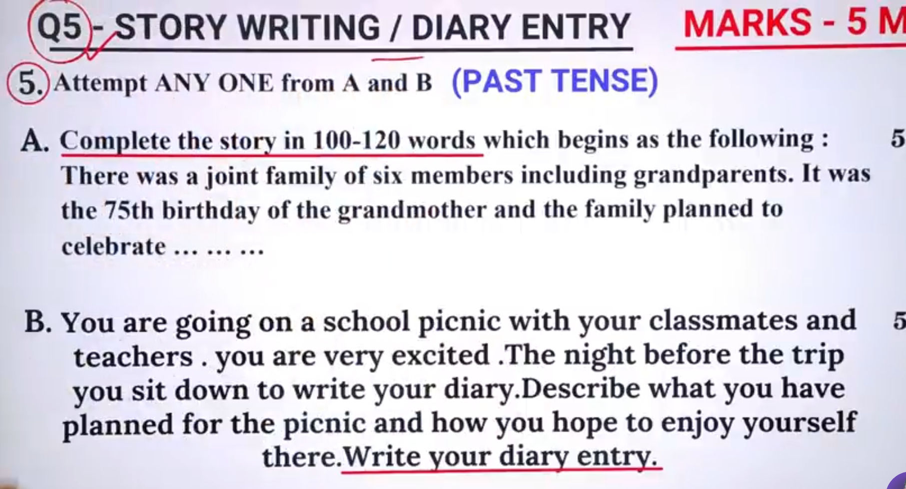 Q5 - STORY WRITING / DIARY ENTRY MARKS - 5 M | StudyX