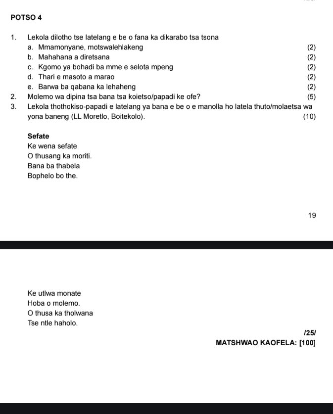 1. Lekola dilotho tse latelang e be o fana | StudyX